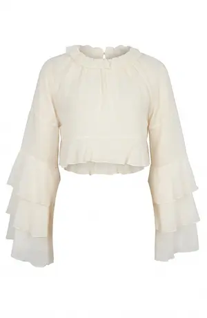 MODENAIRE Ruffle Tier Mini Skirt Set With Long Sleeve Blouse - Ivory
