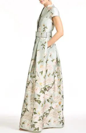 Sachin & Babi Marta Floral Belted Gown - Celadon Sweetbriar