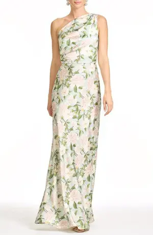 Sachin & Babi Delphine Floral One-shoulder Gown - Celadon Sweetbriar