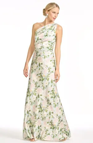 Sachin & Babi Delphine Floral One-shoulder Gown - Celadon Sweetbriar