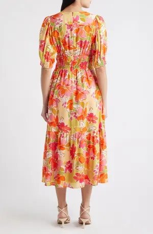 Vince Camuto Floral Print Puff Sleeve Midi Dress