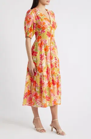 Vince Camuto Floral Print Puff Sleeve Midi Dress