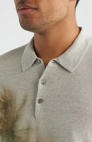 Bugatchi Palm Tree Graphic Linen & Cotton Polo Sweater - Limestone