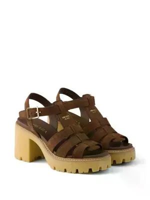 Prada Suede High-heeled Platform Sandals With Buckle Fastening - Brown