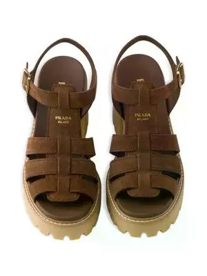 Prada Suede High-heeled Platform Sandals With Buckle Fastening - Brown