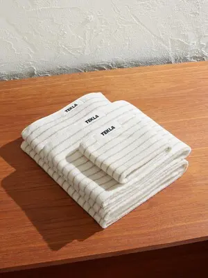 TEKLA Set Of Three Logo-appliquéd Striped Organic Cotton Towels - Neutrals