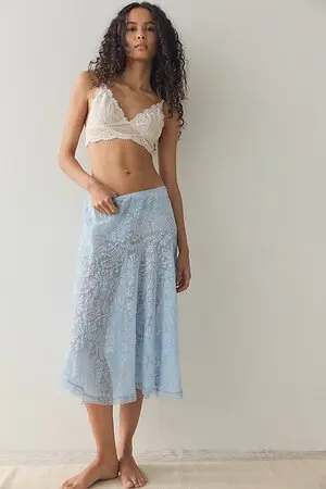 Free People Sheer Lace Midi Slip Skirt With Handkerchief Hem - Blue Finch