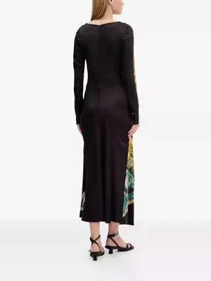 Desigual Patchwork Print Ruched Midi Dress With Graphic Long Sleeves