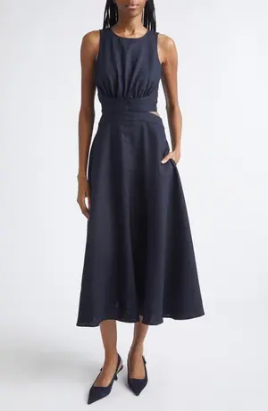 REISS Cutout Detail Linen & Cotton Dress - Navy