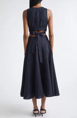REISS Cutout Detail Linen & Cotton Dress - Navy