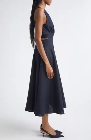 REISS Cutout Detail Linen & Cotton Dress - Navy
