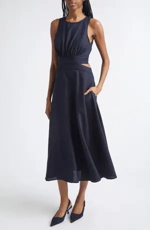 REISS Cutout Detail Linen & Cotton Dress - Navy