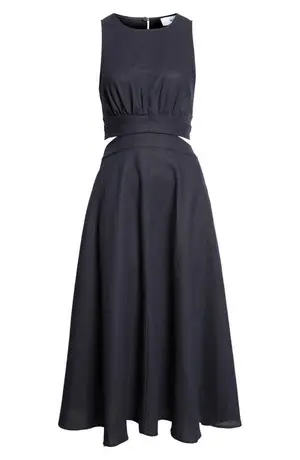 REISS Cutout Detail Linen & Cotton Dress - Navy