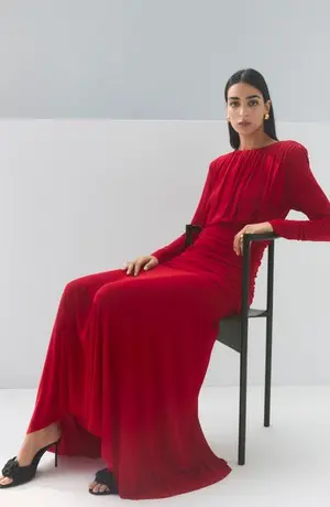 Mango Ruched Long Sleeve Maxi Dress
