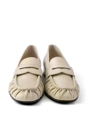 Prada Gathered Leather Loafers With Logo Detail - Neutrals
