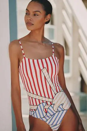 Farm Rio Striped One-piece Swimsuit - Navy Stripes Off-white