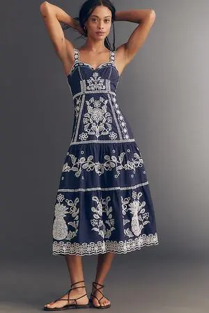 Farm Rio Embroidered Midi Dress - Blue