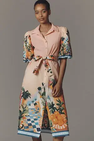 CELINA MOON Janeli Collared Printed Midi Dress - Peach