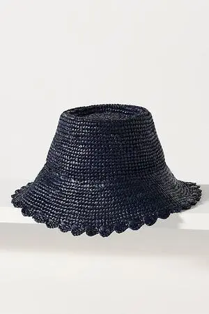 WYETH Scalloped Straw Bucket Hat Navy