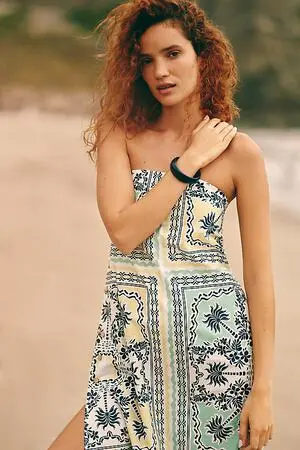 CELANDINE Cotton Button-side Column Dress - Green Pattern
