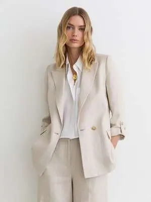 REISS Linen-blend Textured Double-breasted Blazer