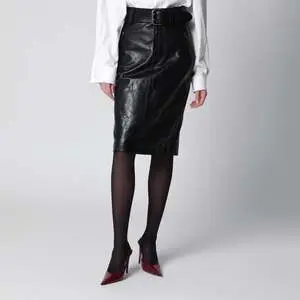 Saint Laurent Crinkled Calfskin Belted Pencil Skirt - Black