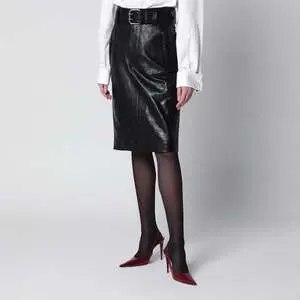 Saint Laurent Crinkled Calfskin Belted Pencil Skirt - Black