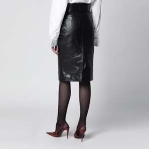 Saint Laurent Crinkled Calfskin Belted Pencil Skirt - Black