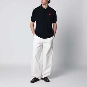 Play Comme Des Garcon Red Heart Polo Shirt In Navy Cotton