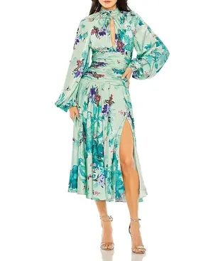 Long Sleeve Ruched Satin Gowns