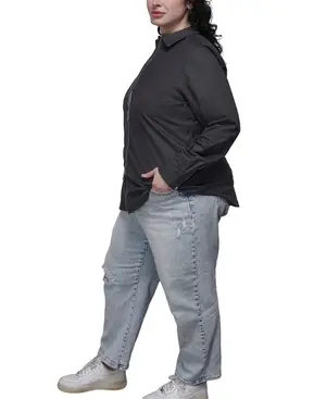 WILDFANG Essential Long Sleeve Oxford Zip-up Shirt - Charcoal
