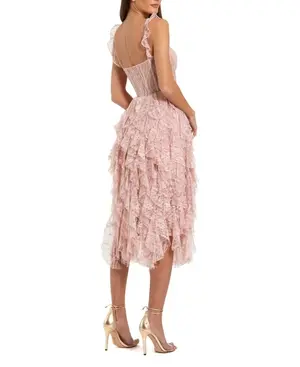 Mac Duggal Lace Bustier Midi Dress With Ruffles
