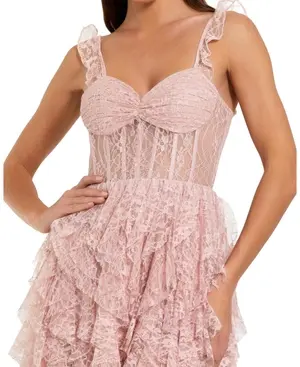 Mac Duggal Lace Bustier Midi Dress With Ruffles