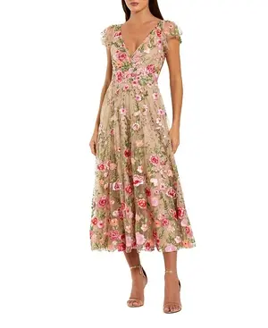 Mac Duggal Embroidered Cap Sleeve V-neck Ankle Dress - Nude Multi