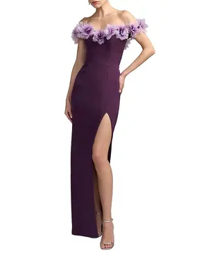 Mac Duggal Off-the-shoulder Gown With 3d Floral Applique - Plum