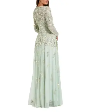 Mac Duggal Long Sleeve Sequin And Pearl Embellished Gown - Sage