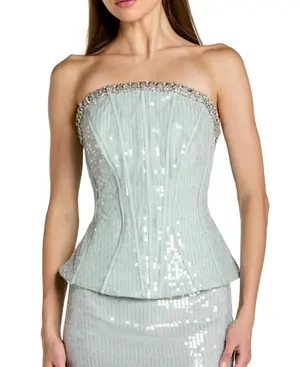 Mac Duggal Strapless Sequin Peplum Gown With Rhinestone Trim - Pale Blue