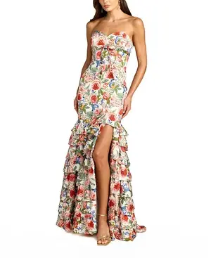 Mac Duggal Strapless Floral Charmeuse Ruffle A-line Gown