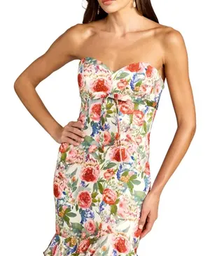 Mac Duggal Strapless Floral Charmeuse Ruffle A-line Gown
