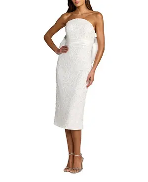 Mac Duggal Beaded Lace Strapless Fitted Midi Dress With Bow