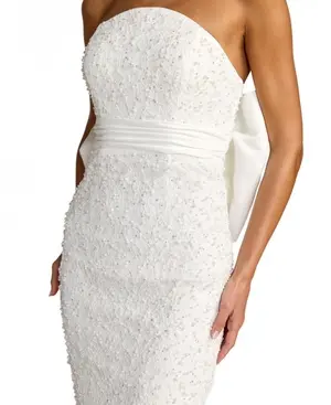 Mac Duggal Beaded Lace Strapless Fitted Midi Dress With Bow