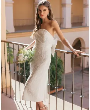 Mac Duggal Beaded Lace Strapless Fitted Midi Dress With Bow