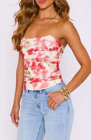 VICI Ruched Floral Print Strapless Top