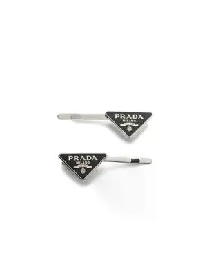 Prada Enamelled Triangle Logo Hair Clips Set Of Two - Silver