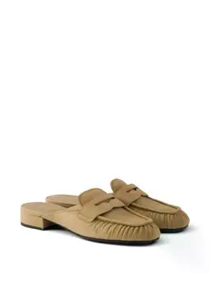 Prada Suede Mules With Lettering Logo - Neutrals
