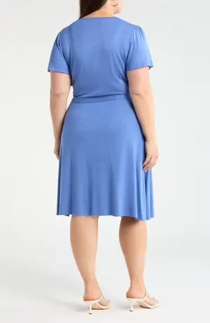 Loveappella Flutter Sleeve Faux Wrap Jersey Dress - Denim