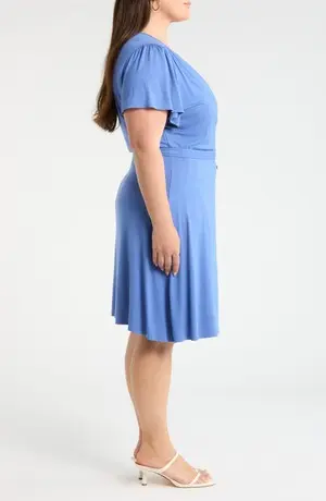 Loveappella Flutter Sleeve Faux Wrap Jersey Dress - Denim