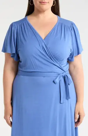 Loveappella Flutter Sleeve Faux Wrap Jersey Dress - Denim