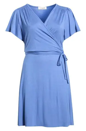 Loveappella Flutter Sleeve Faux Wrap Jersey Dress - Denim