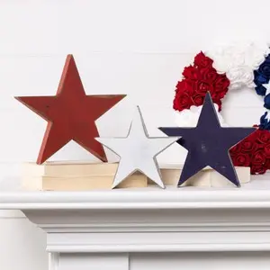 TRANSPAC Wood 8.4 In. Patriotic Star Block Decor Set Of 3